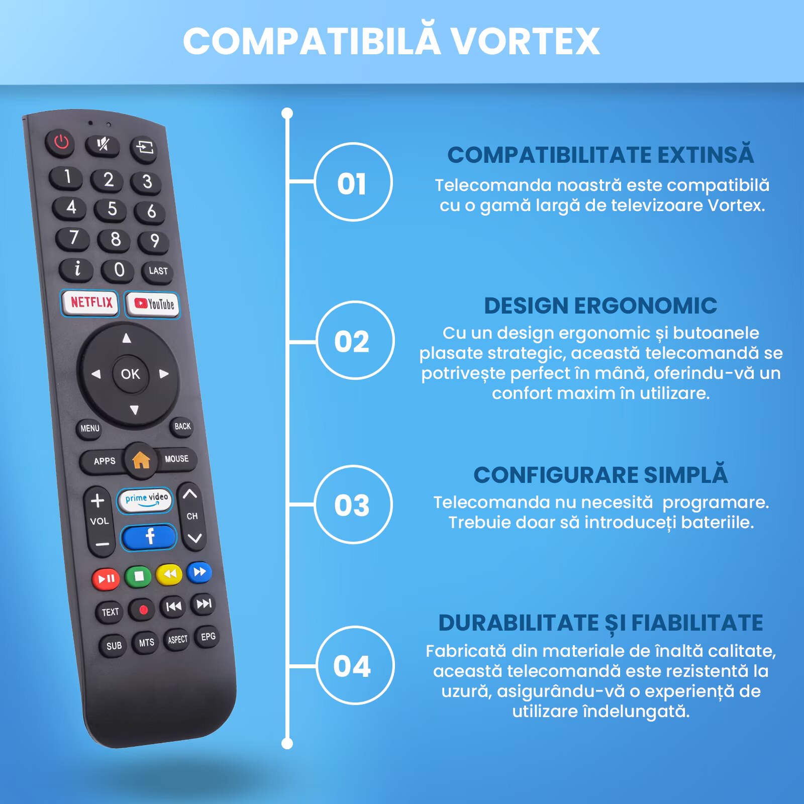 Telecomanda TV compatibila Vortex, V32TPHDE1S, V24TPHDE1S, Facebook ...