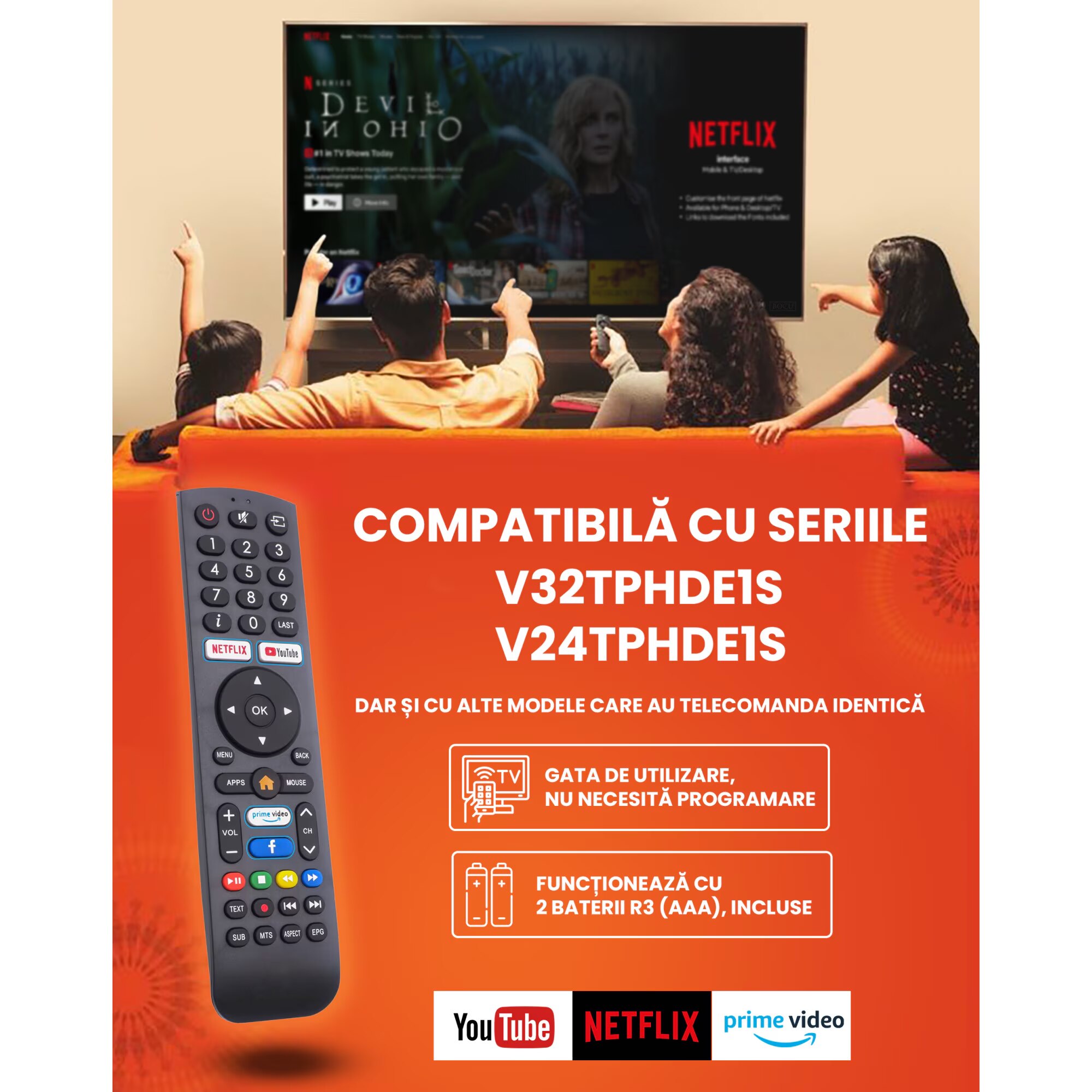 Telecomanda TV compatibila Vortex, V32TPHDE1S, V24TPHDE1S, Facebook ...