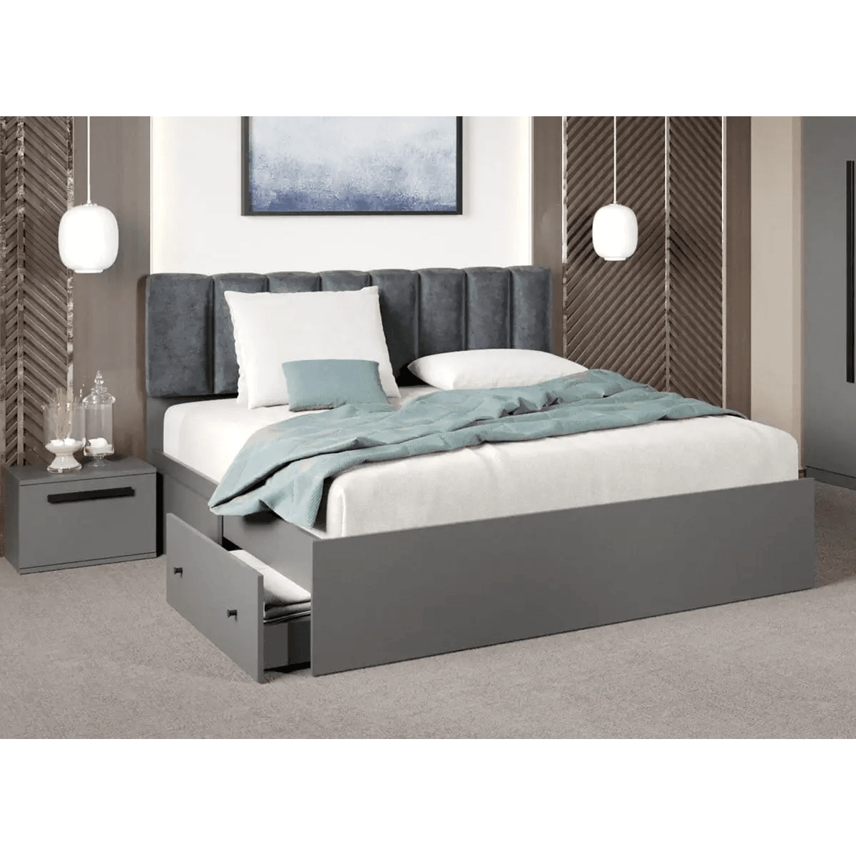 Set dormitor, Alb cu Gri, Dallas, C49, Dulap, Comoda, Pat 160x200 ...