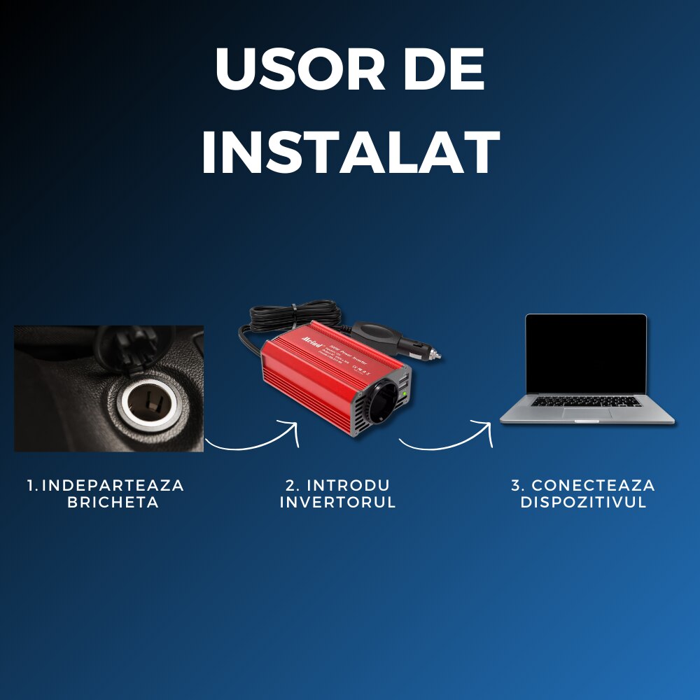 Invertor de Tensiune la priza Auto, PRINTERY®, Putere 300W, DC12V la AC ...
