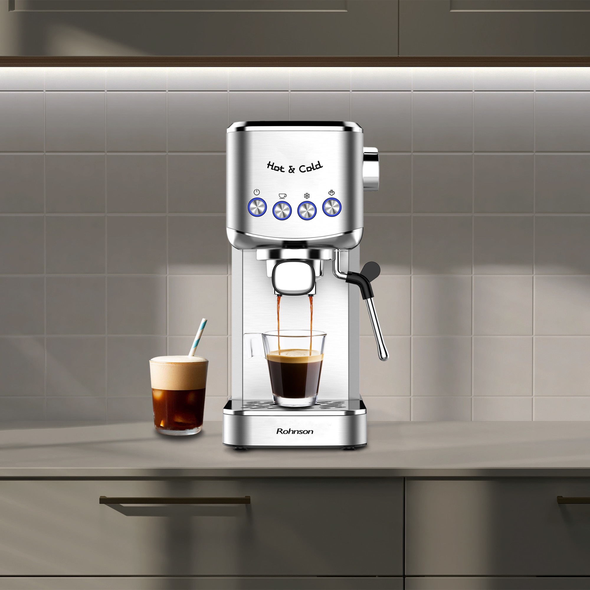 Espressor manual slim, Rohnson R98013 Hot & Cold, 20 bari, 1.350W, 1, 2 ...