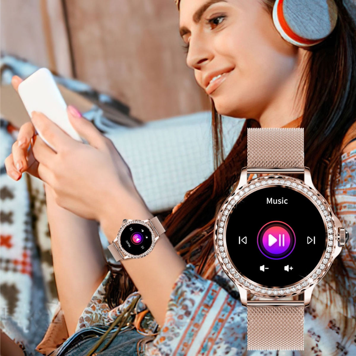Ceas smartwatch dama, BLEKSY®, 2 bratari metalica si siliconica, Folie ...