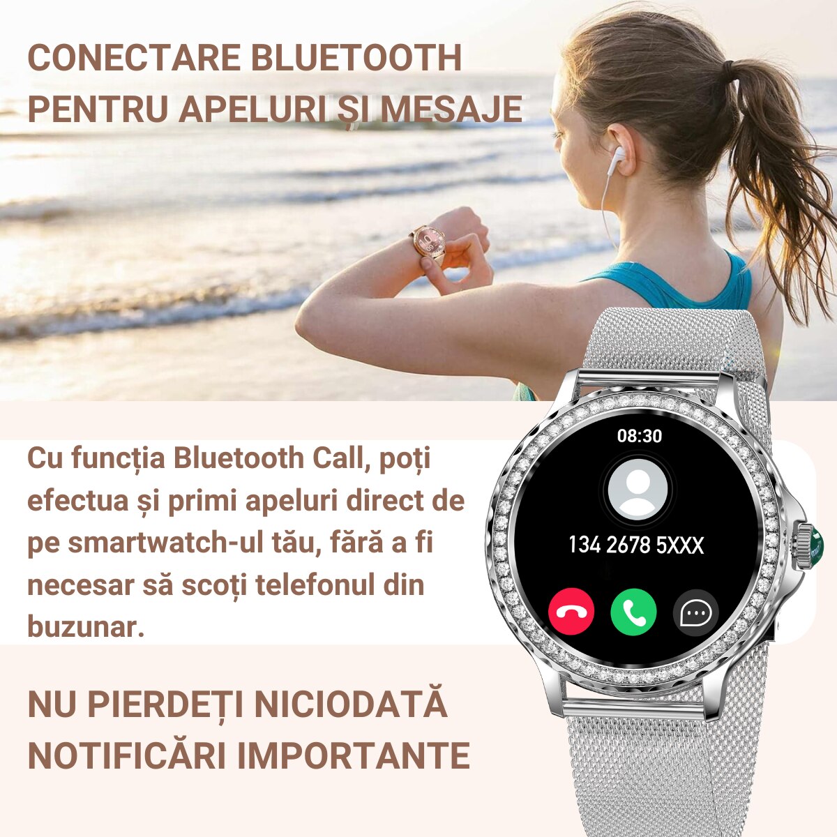 Ceas smartwatch dama, BLEKSY®, 2 bratari metalica si siliconica, Folie ...