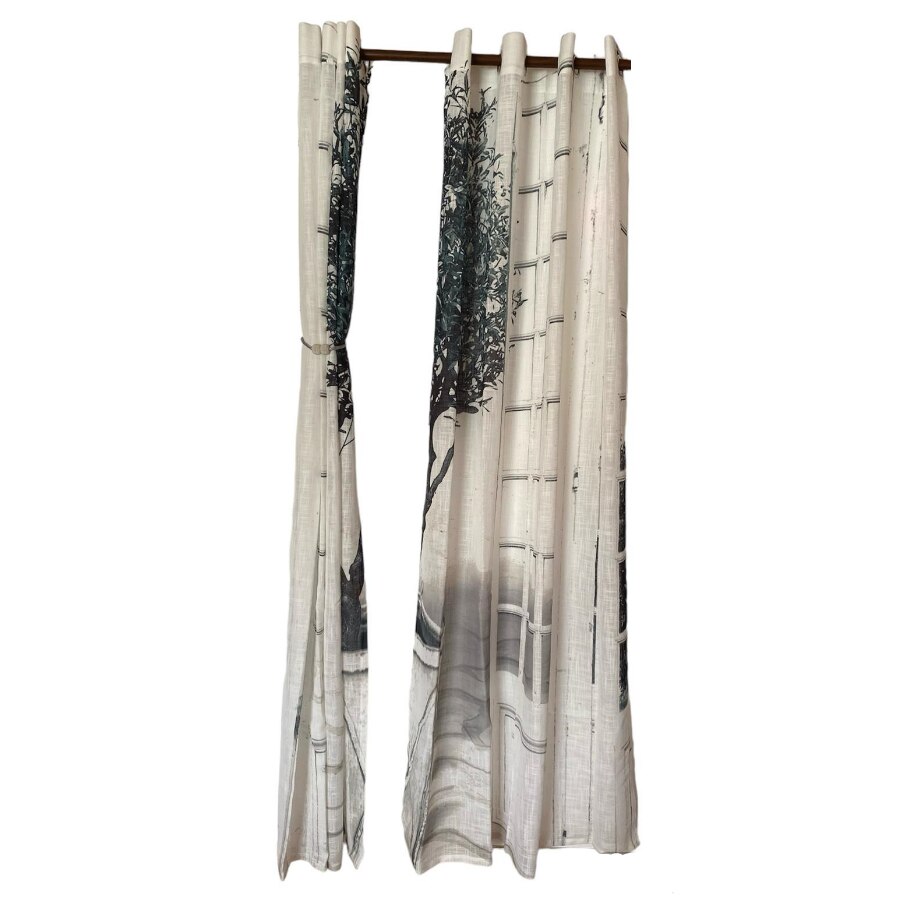 Set 2 perdele cu inele, model copac, Alb-Negru, poliester, 270 x 150 cm ...