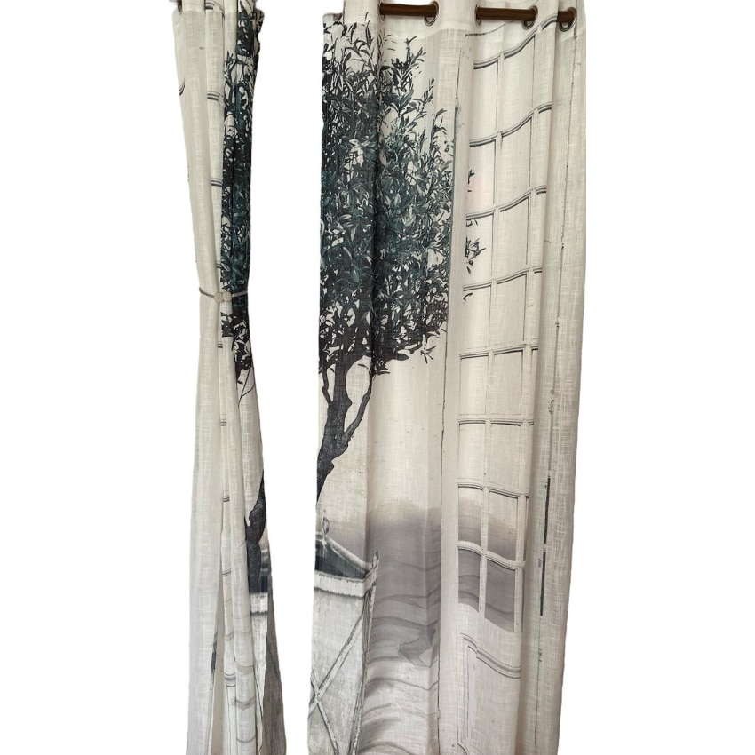 Set 2 perdele cu inele, model copac, Alb-Negru, poliester, 270 x 150 cm ...