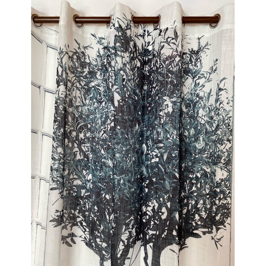 Set 2 perdele cu inele, model copac, Alb-Negru, poliester, 270 x 150 cm ...