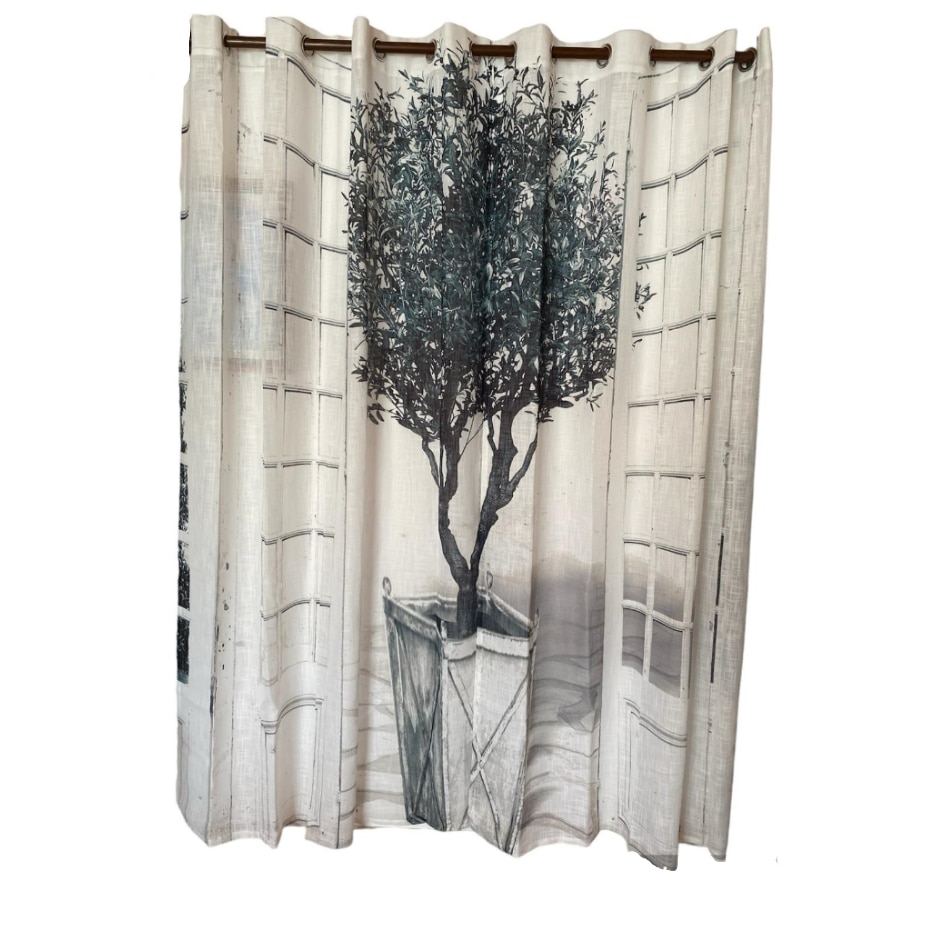 Set 2 perdele cu inele, model copac, Alb-Negru, poliester, 270 x 150 cm ...