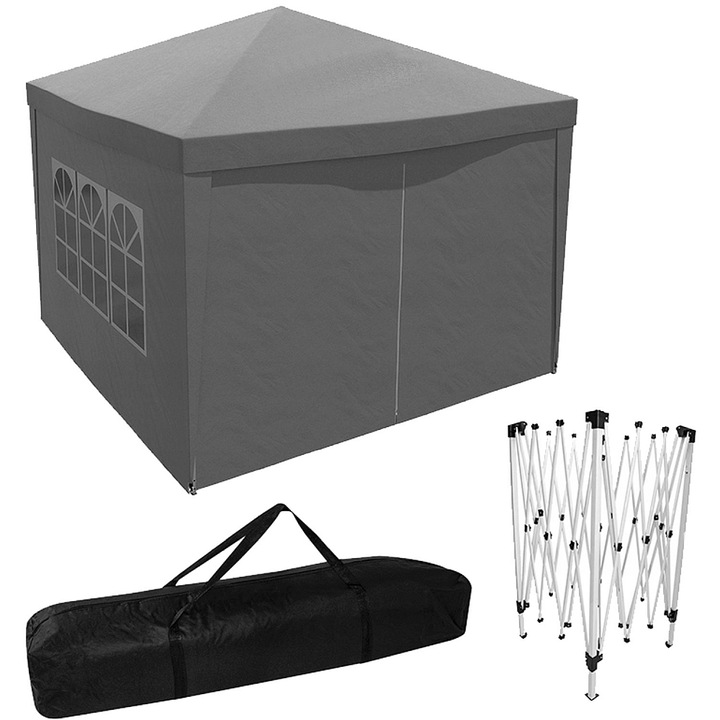 Cort Pavilion Pliabil Automat tip Pop-Up 3x3 m Gri cu Pereti Laterali ...