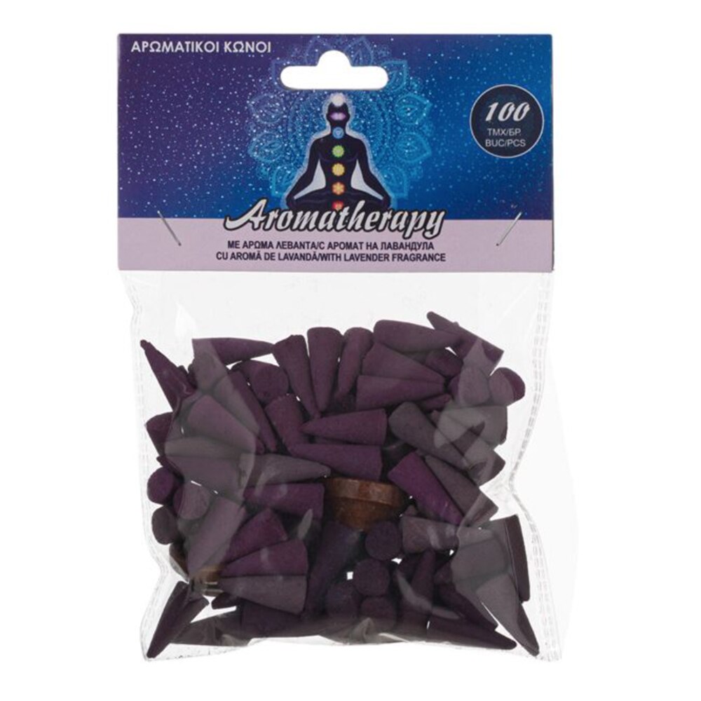 Set 100 conuri parfumate Trendmark, cu aroma de lavanda, 2 suporti din ...