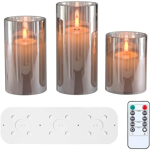 Set 3 lumanari LED care palpaie fara flacara cu statie de incarcare si ...