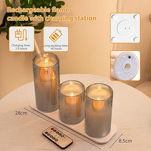 Set 3 lumanari LED care palpaie fara flacara cu statie de incarcare si ...