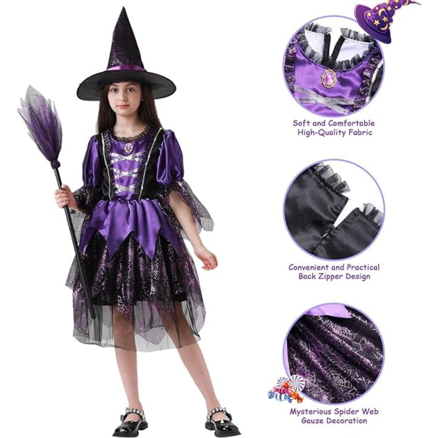 Costum de vrajitoare pentru fetite, cu palarie conica si matura, ideal ...