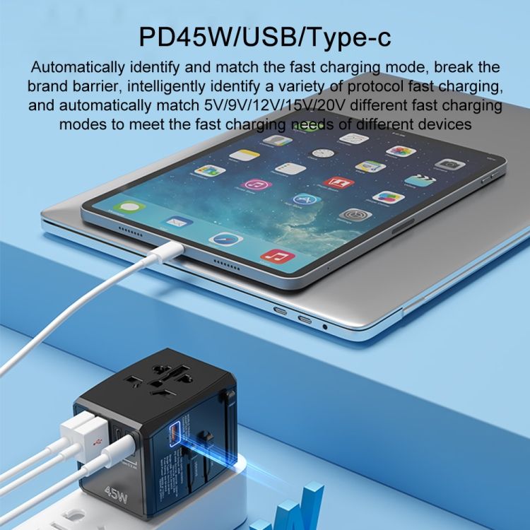 Adaptor incarcator convertor priza, PD 45W+2 USB+2 Type-C All in one ...