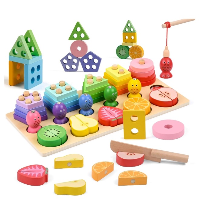 Set jucarii educative Montessori, lemn, pescuit magnetic, blocuri ...