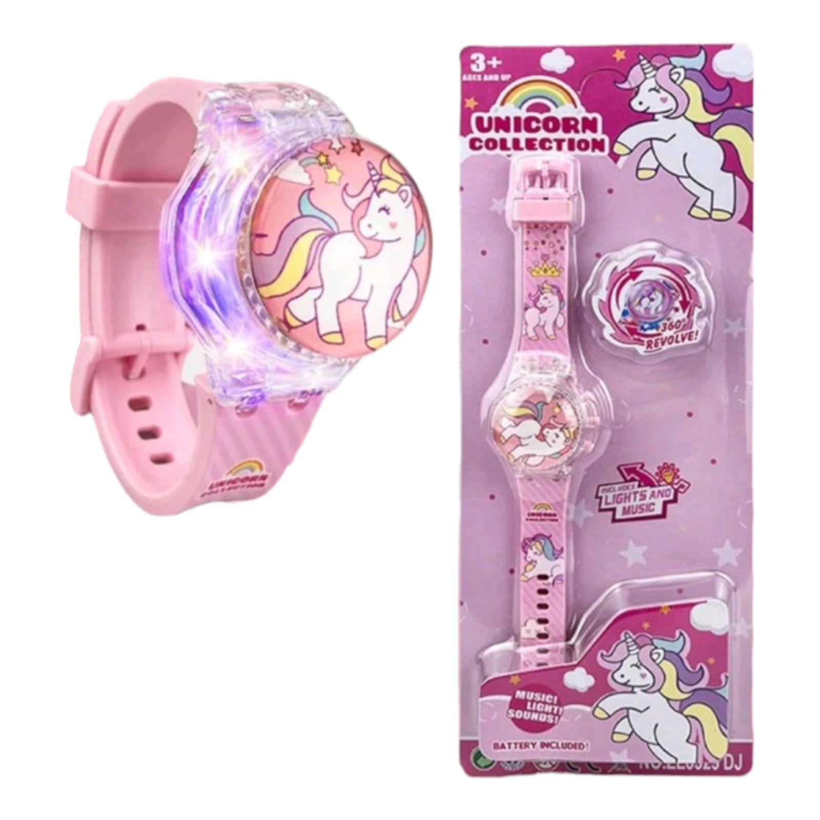 Ceas digital copii cu design unicorn cu led, capac rotativ si muzica ...