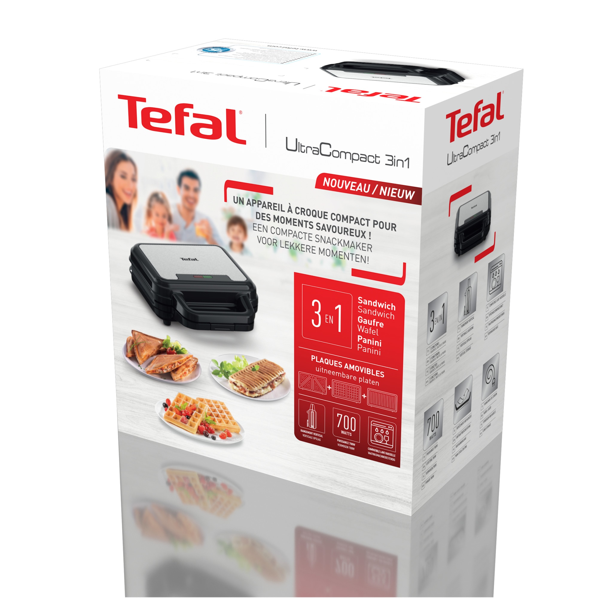 Sandwich maker Tefal UltraCompact 3 in 1 SW383D10, 700W, placi detasabile pentru gofre, sandwich ...