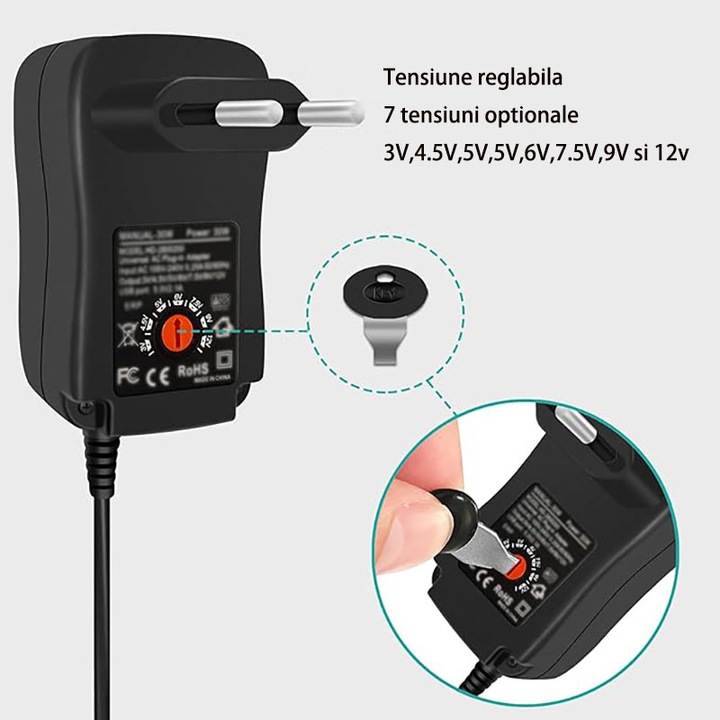 Alimentator Stabilizat Reglabil, Rqiurpn®, 30 W, 3V-12V, adaptor multi ...