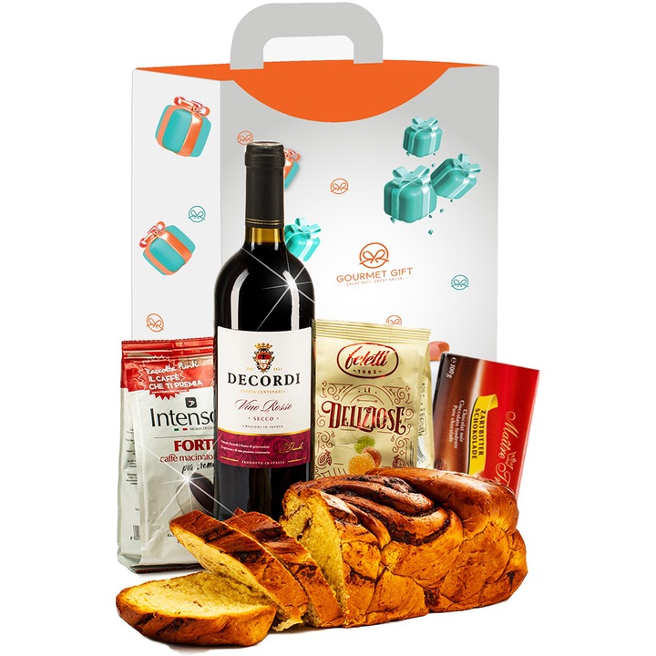 Pachet cadou - Vin rosu Decordi 0.75l, Cozonac cu nuca si cacao 400g ...