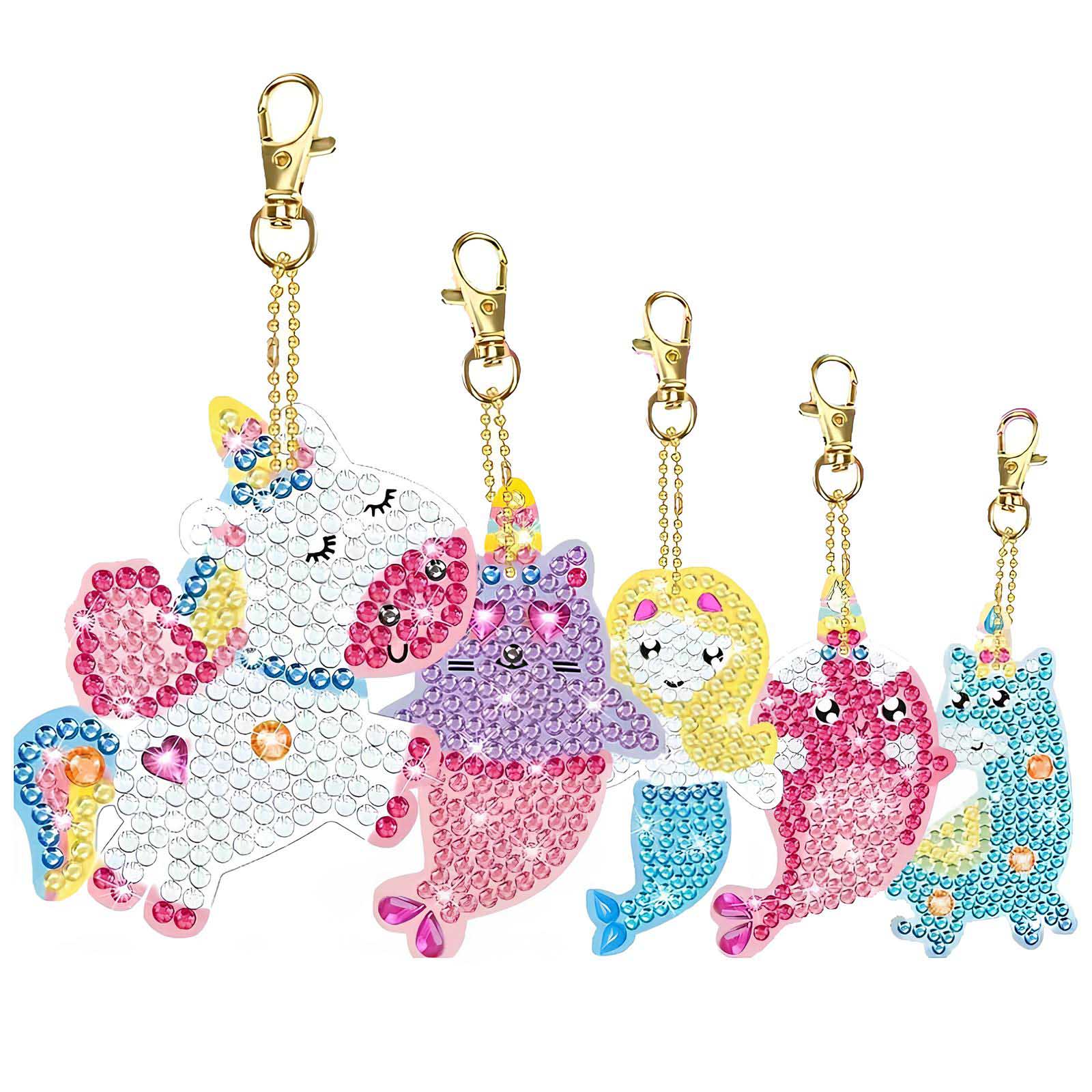 Set 5 brelocuri, pentru chei si genti, pictura cu diamante, multicolor ...