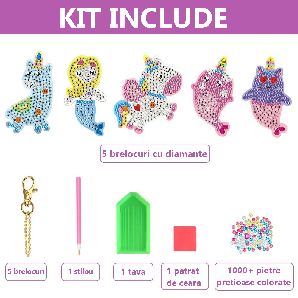 Set 5 brelocuri, pentru chei si genti, pictura cu diamante, multicolor ...