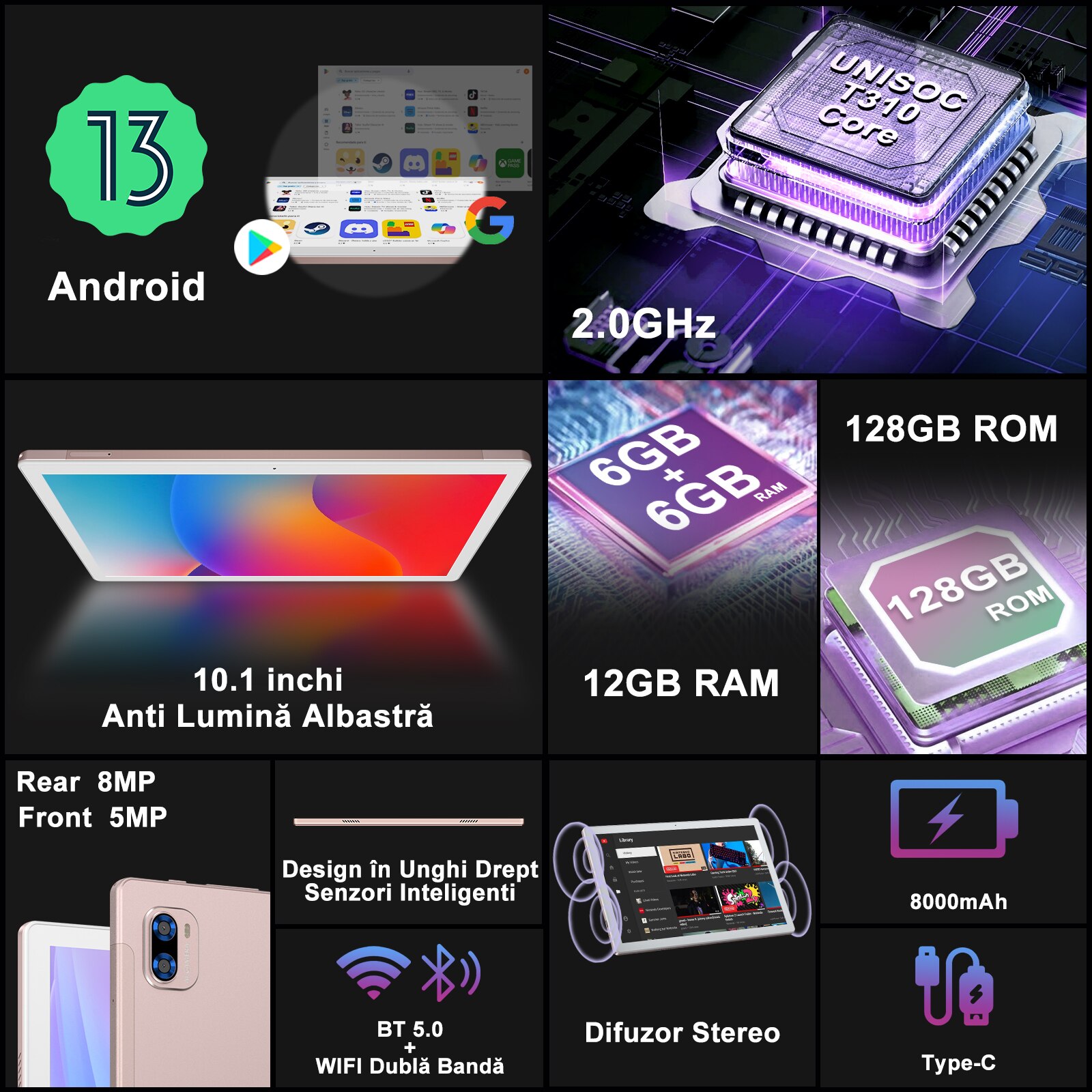 Tableta 10 inchi Android 13 cu 12GB RAM+128GB ROM Octa-Core 2.0 GHz ...