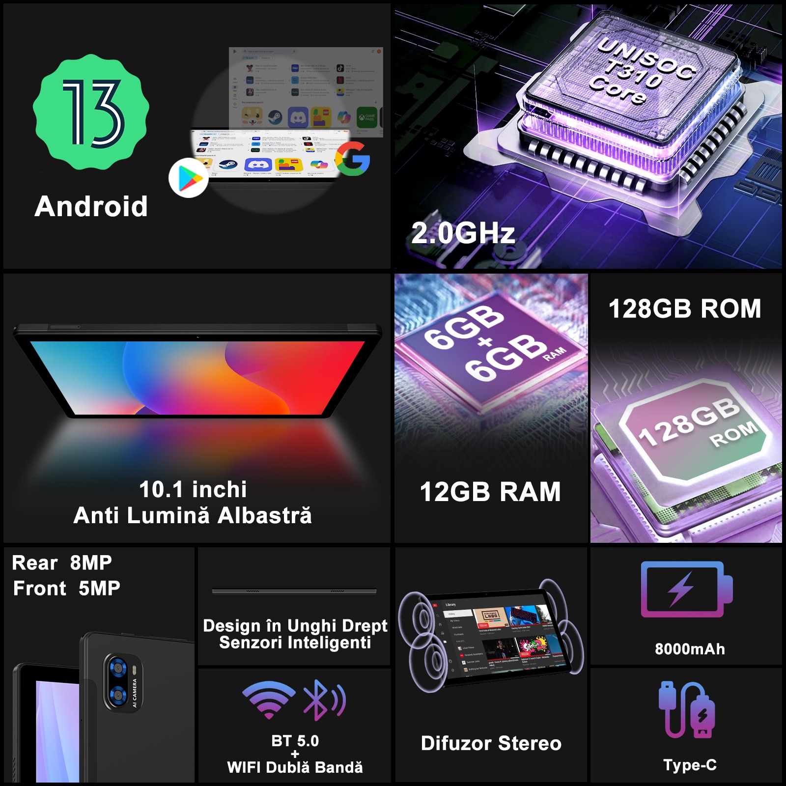 10 hüvelykes Android 13 táblagép 12 GB RAM-mal + 128 GB ROM nyolcmagos, 2,0 GHz-es, WiFi 5G ...