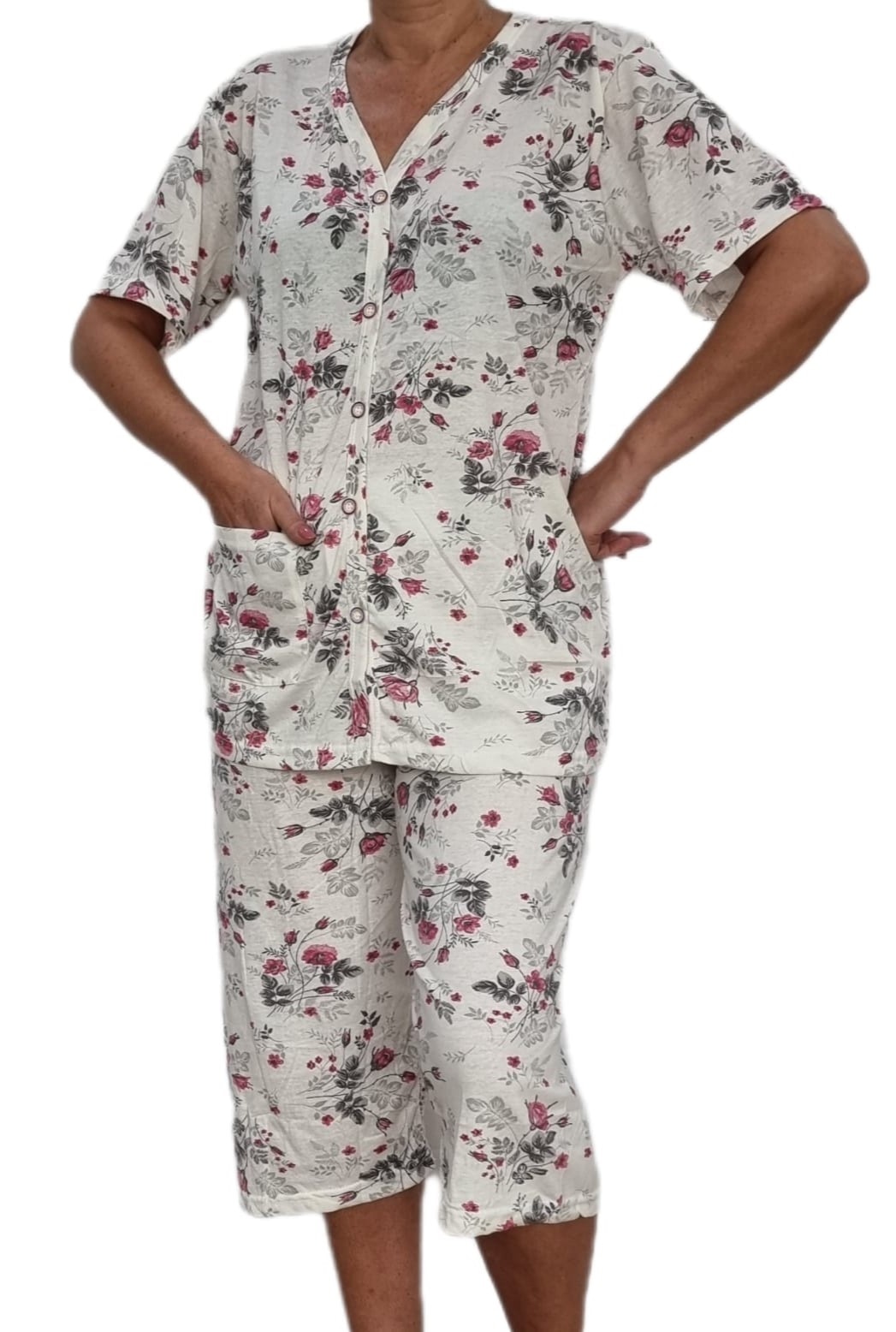 Pijama dama, cu nasturi, trei sferturi, bumbac/lycra, alb/roz/gri, 3XL ...