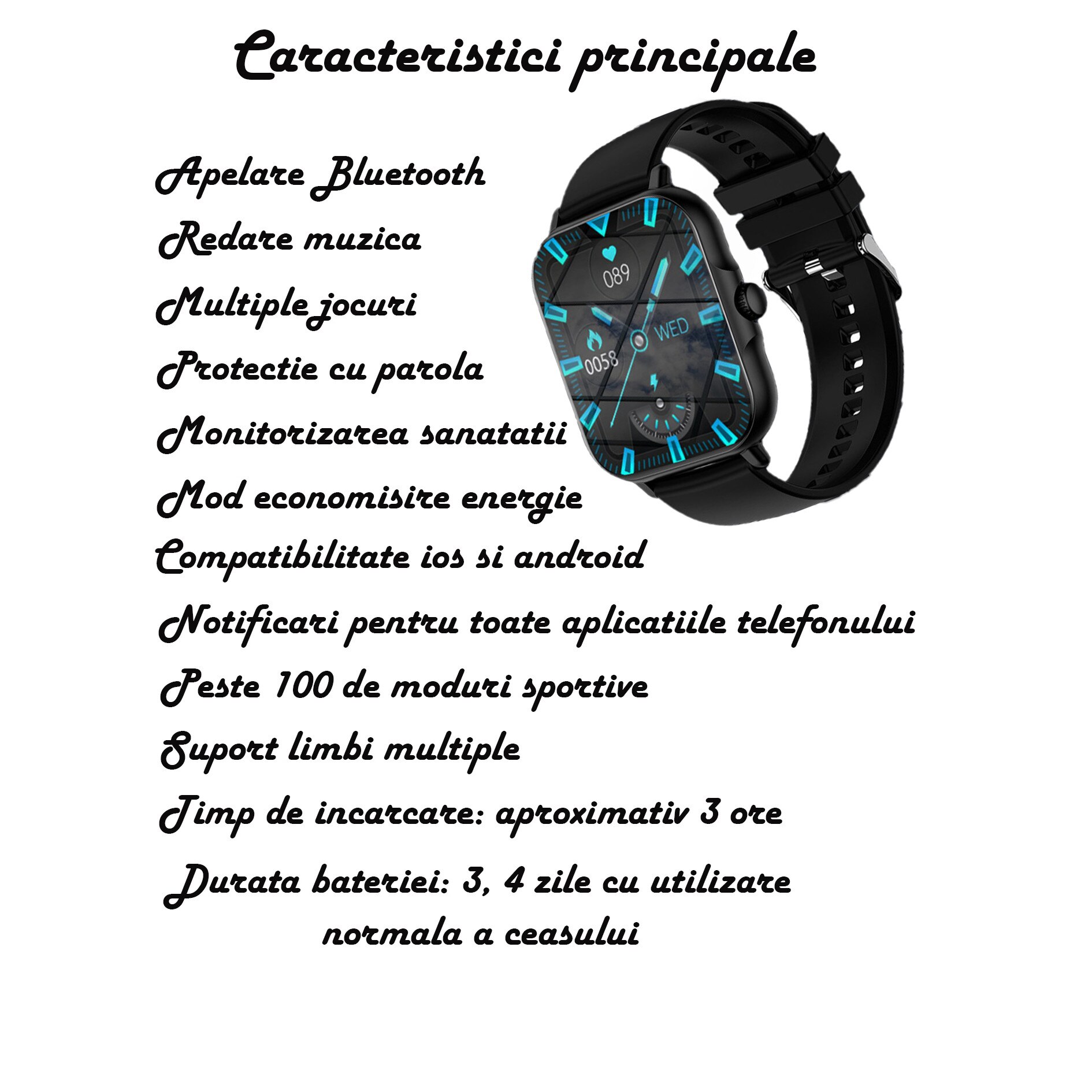 Ceas Smartwatch CatExcellence®, Unisex, Bluetooth, Compatibilitate ...