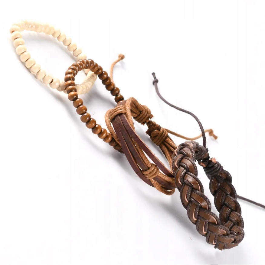 Set 4 bratari barbatesti, piele ecologica/lemn, reglabile, maro - eMAG.ro