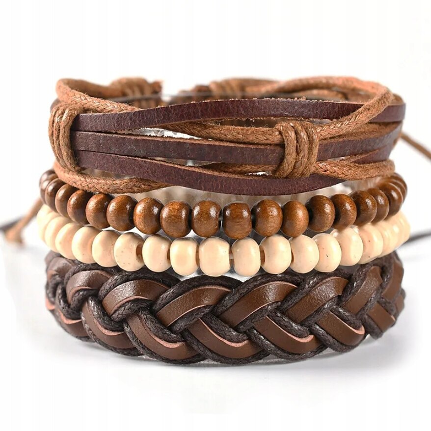 Set 4 bratari barbatesti, piele ecologica/lemn, reglabile, maro - eMAG.ro