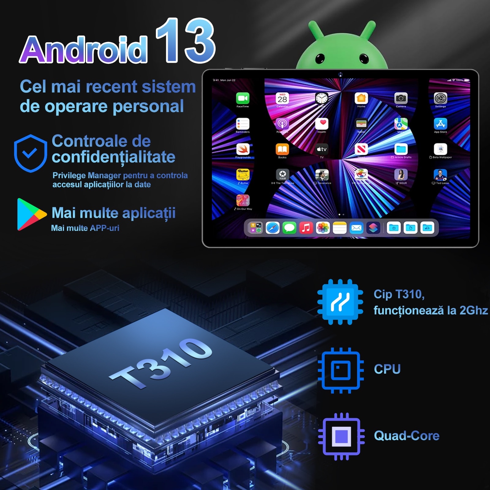 Goodtel tablet, 10" kijelző, Android 13, 12 GB RAM + 128 GB ROM nyolcmagos, WiFi 5G, Bluetooth 5 ...