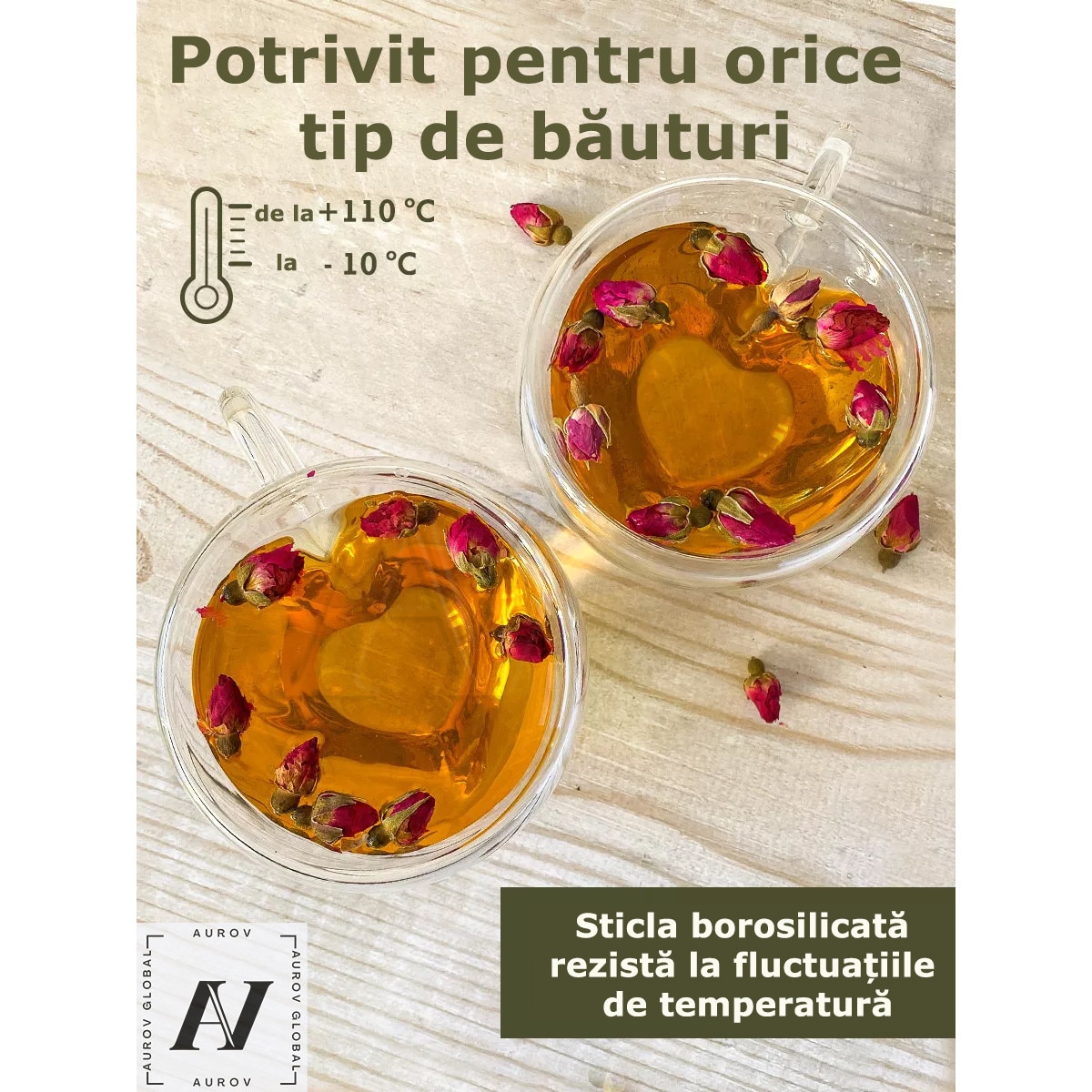 Cana in forma de inima din sticla termorezistenta, Aurov®, pereti dubli ...