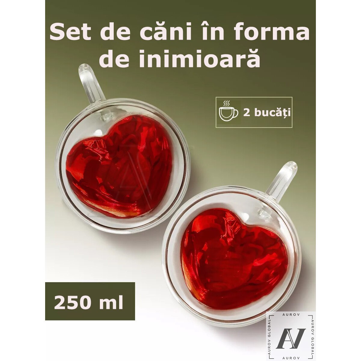 Set 2 cani in forma de inima din sticla termorezistenta, Aurov®, pereti ...