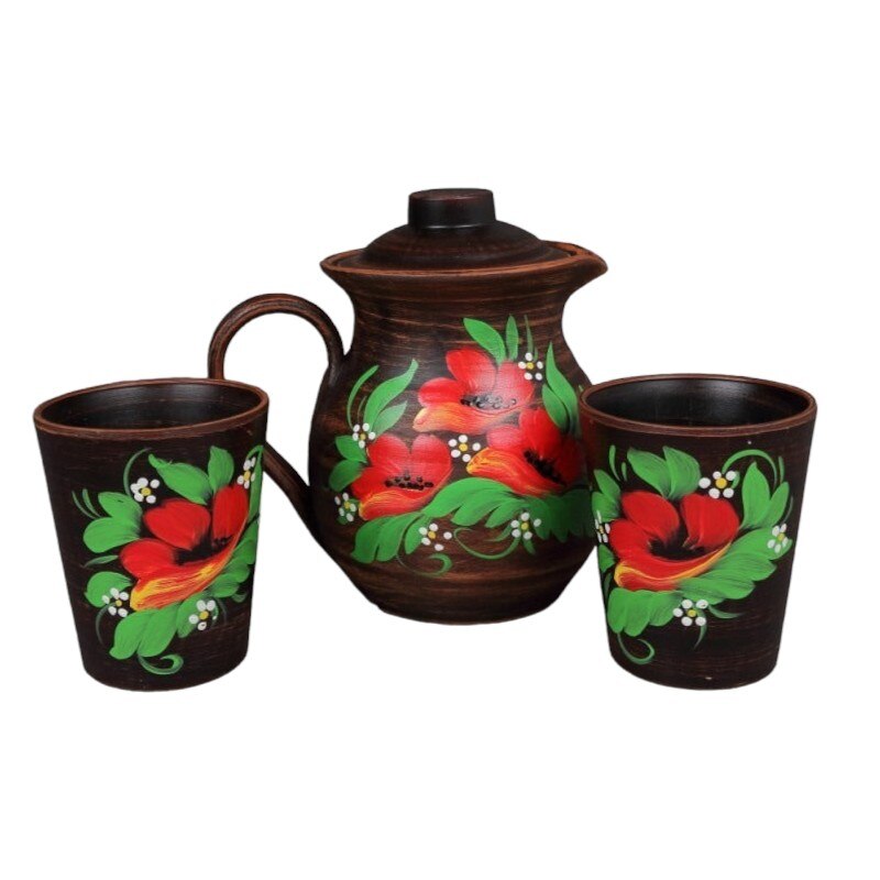 Set Ulcioras cu Capac Angob Lut rosu 1.7 L si 2 pahare 500 ml, Model ...