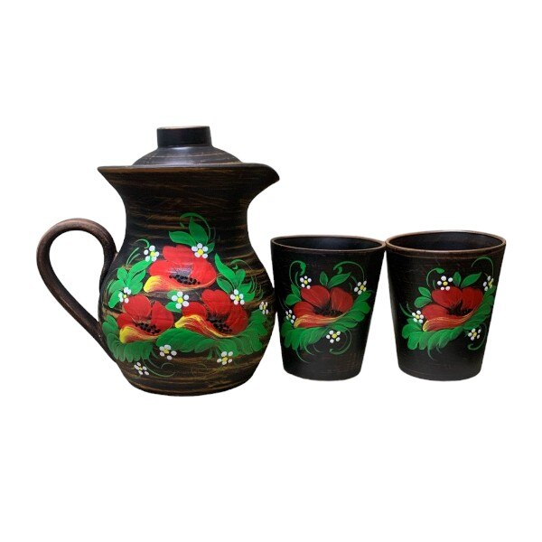 Set Ulcioras cu Capac Angob Lut rosu 1.7 L si 2 pahare 500 ml, Model ...
