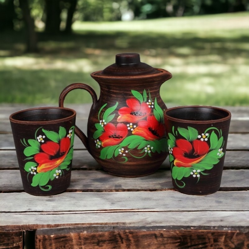 Set Ulcioras cu Capac Angob Lut rosu 1.7 L si 2 pahare 500 ml, Model ...