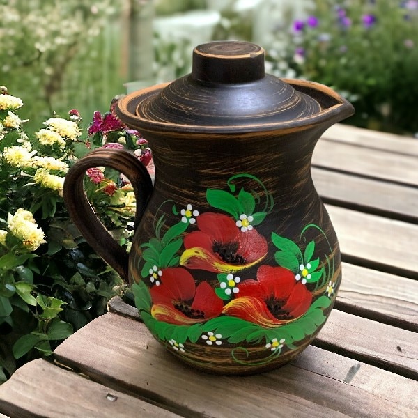 Ulcior cu Capac, Angob, Lut rosu, Model Pictat Floral, 1.7l - eMAG.ro