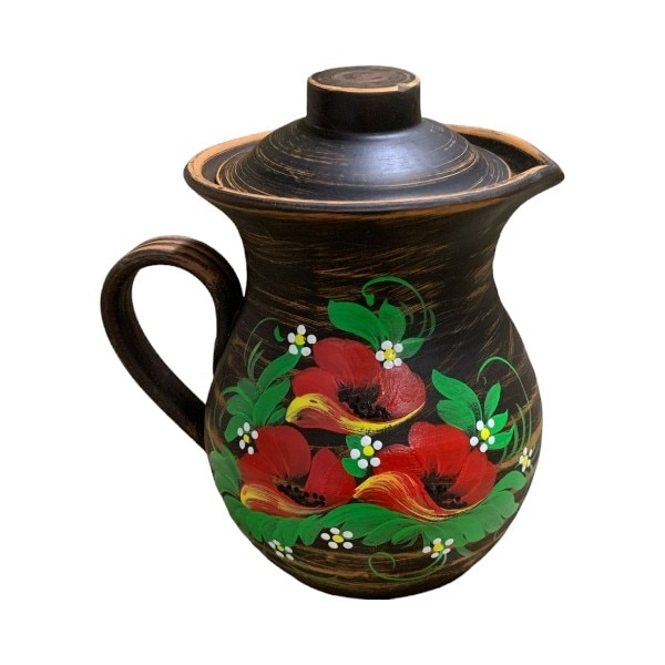 Ulcior cu Capac, Angob, Lut rosu, Model Pictat Floral, 1.7l - eMAG.ro