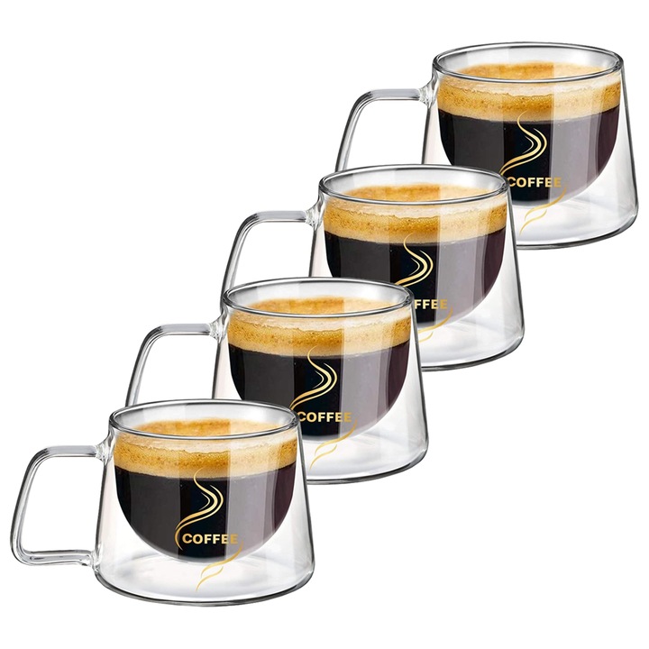Set 4 Cani de Sticla cu Perete Dublu Teno®, model COFFEE, design modern ...