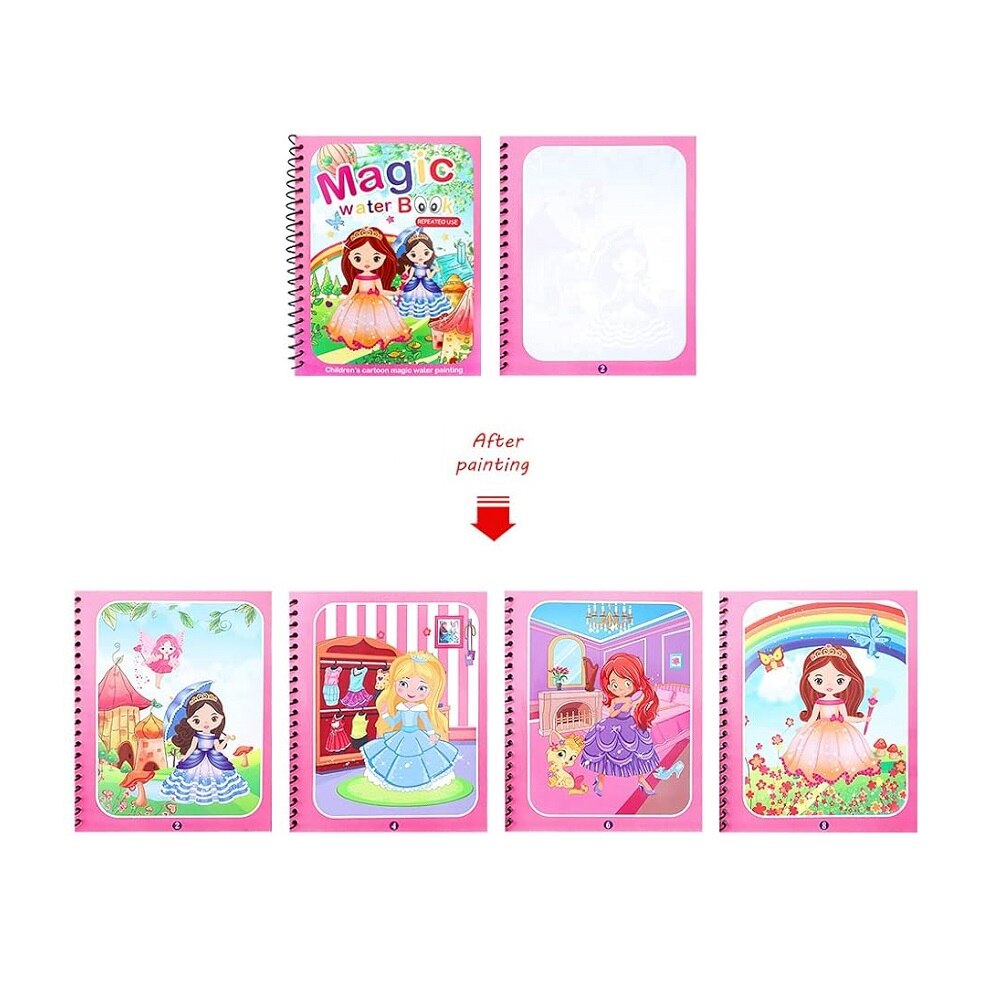 6 Carti de colorat reutilizabile, Magic water Book, 24 desene, + 3 ani ...