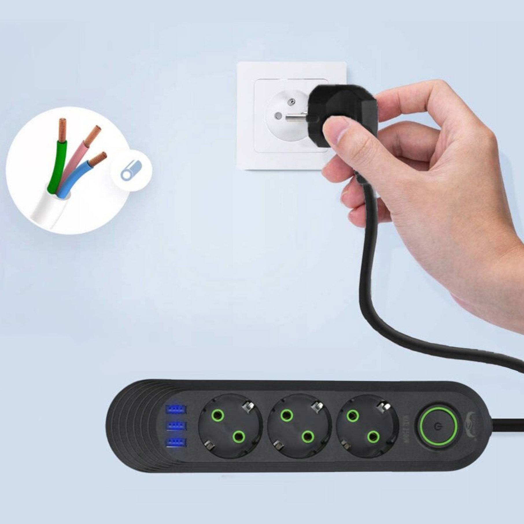 Prelungitor 3 prize, 3xUSB, cablu 2m, 3X1.5mm, Priza multipla, cu ...