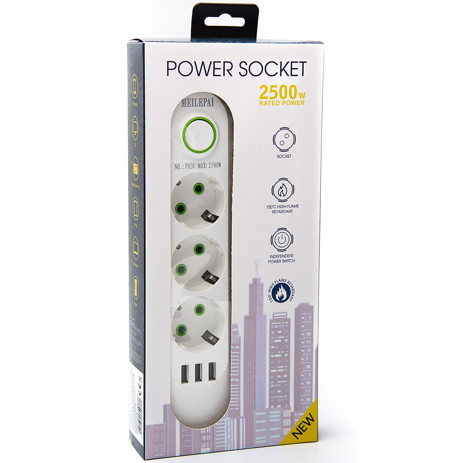 Prelungitor 3 prize, 3xUSB, cablu 2m, 3X1.5mm, Priza multipla, cu ...