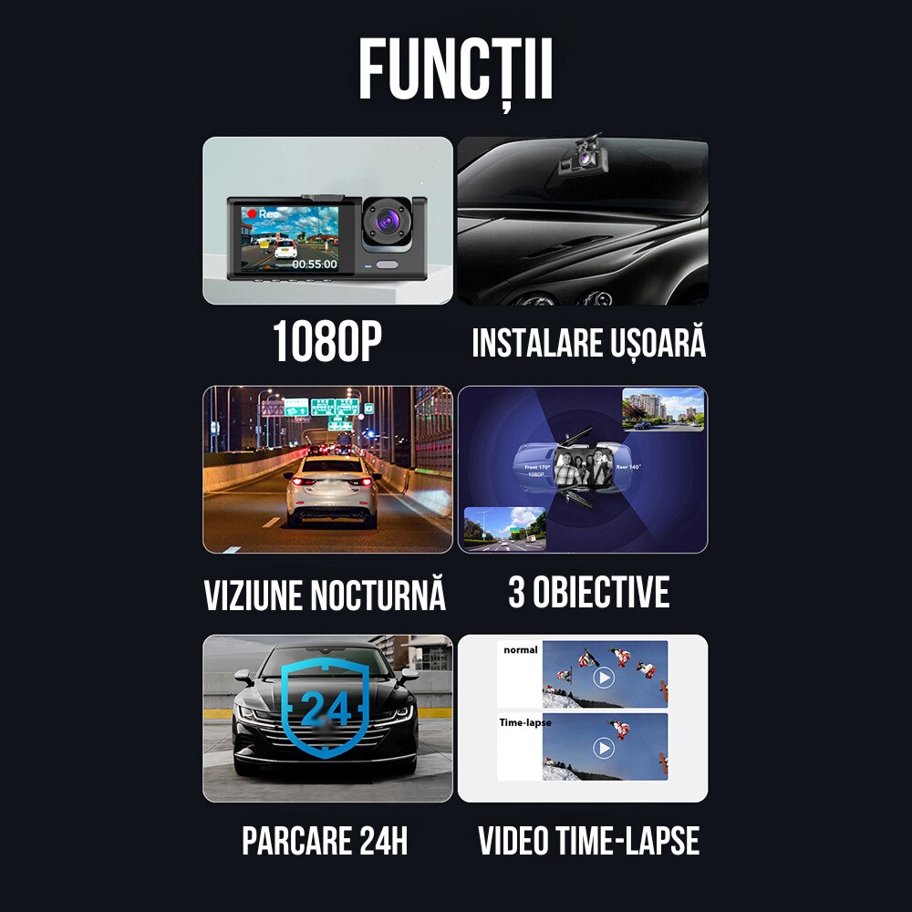 Camera DVR auto TICUSAN, Full HD 1080P, cu trei lentile, unghi de ...