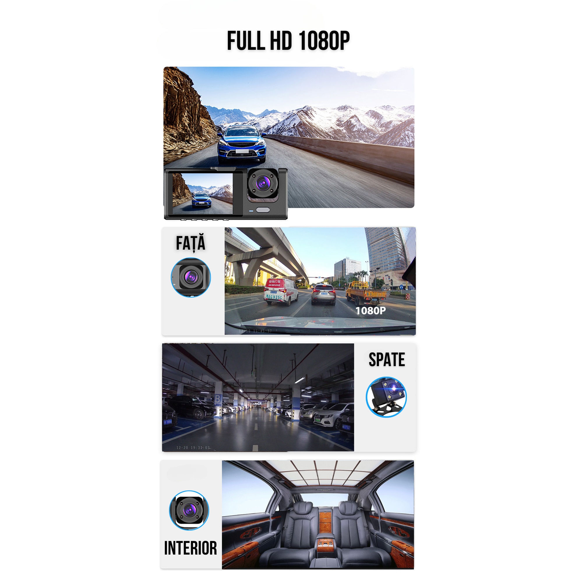 Camera DVR auto TICUSAN, Full HD 1080P, cu trei lentile, unghi de ...