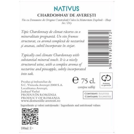 Vin Alb Domeniile Averesti-Nativus, Chardonnay de Averesti, D.O.C, Sec ...