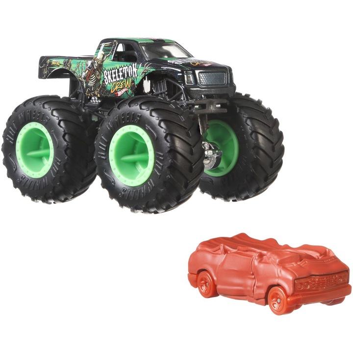 Set 2 masinute Hot Wheels - Monster Truck si masinuta metalica, Skeleton Crew - eMAG.ro