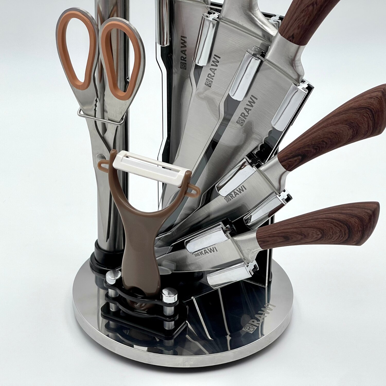 Set cutite profesionale bucatarie RAWI, 9 piese, Suport rotativ, Maro ...