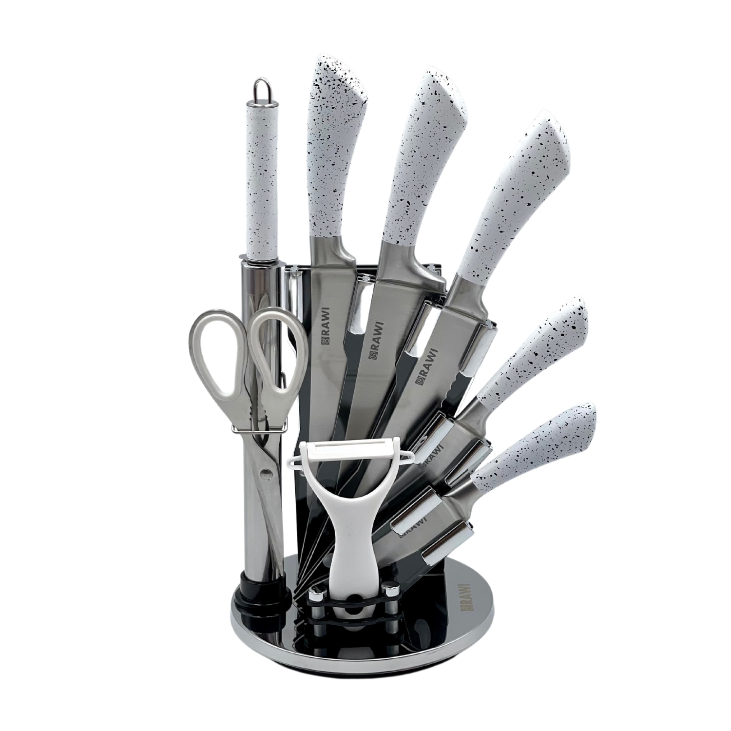 Set cutite profesionale bucatarie RAWI, 9 piese, Suport rotativ, Alb ...