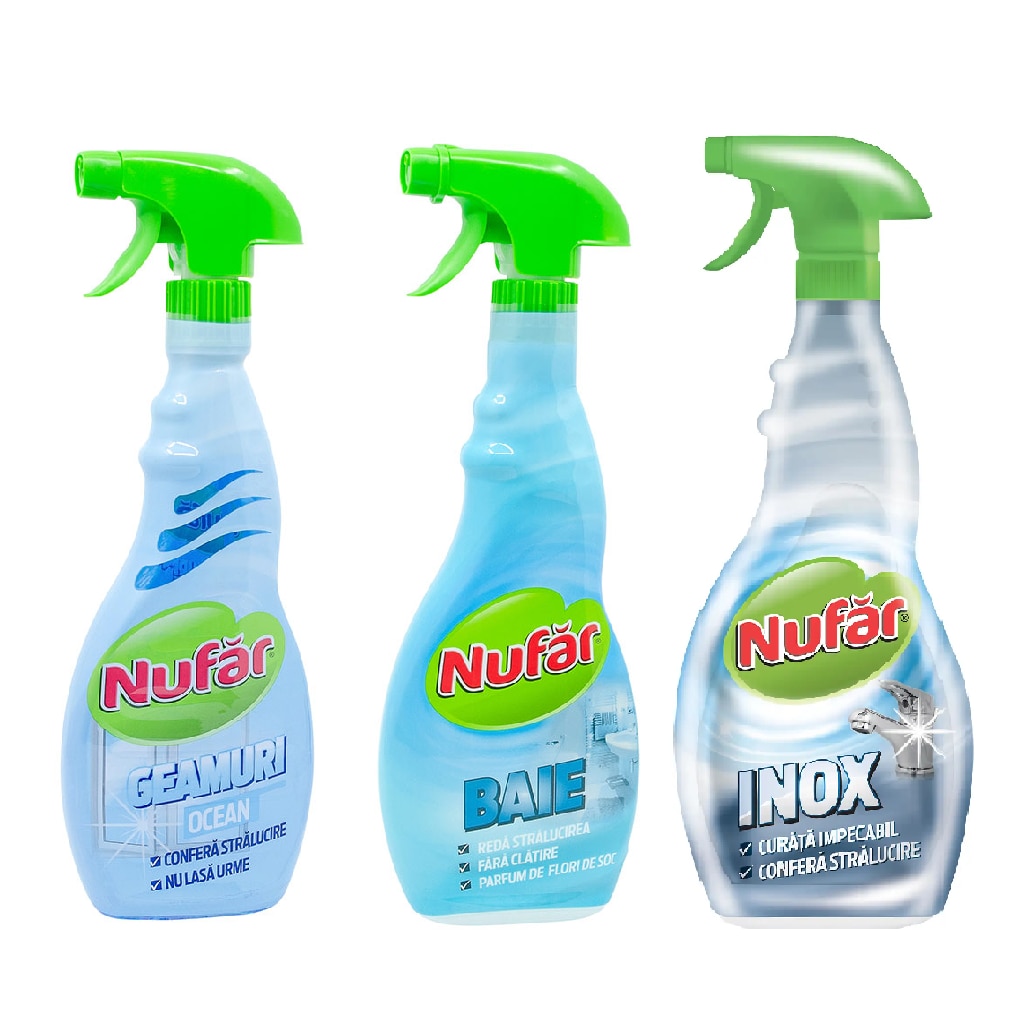 Solutii curatare Nufar, Geamuri Ocean 500ml + Baie 500ml + Inox 500ml ...