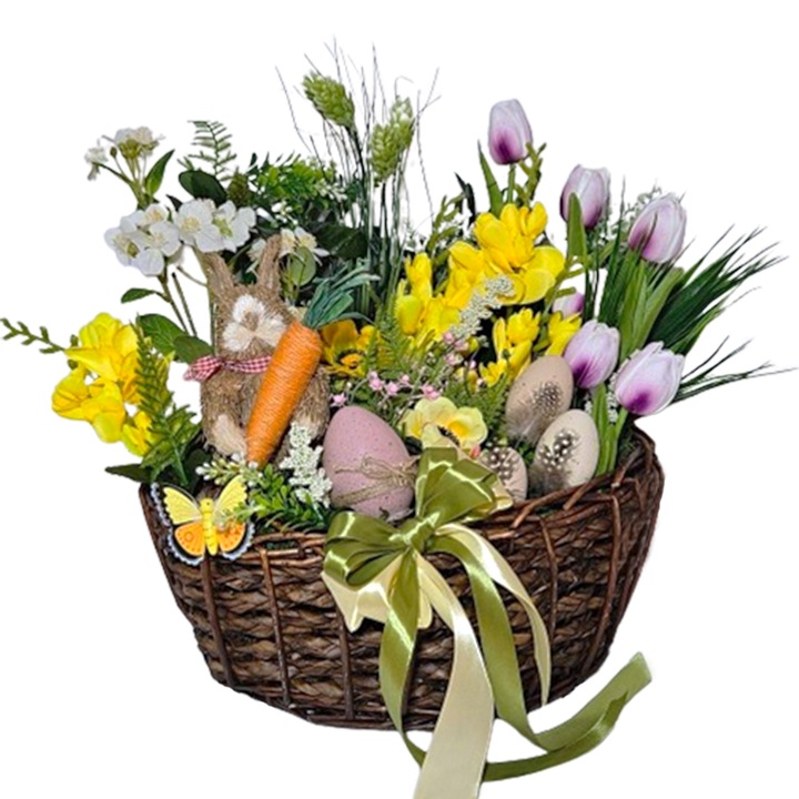 Aranjament cos de Paste MEDAYA®, cu iepuras, din rachita, bambus ...